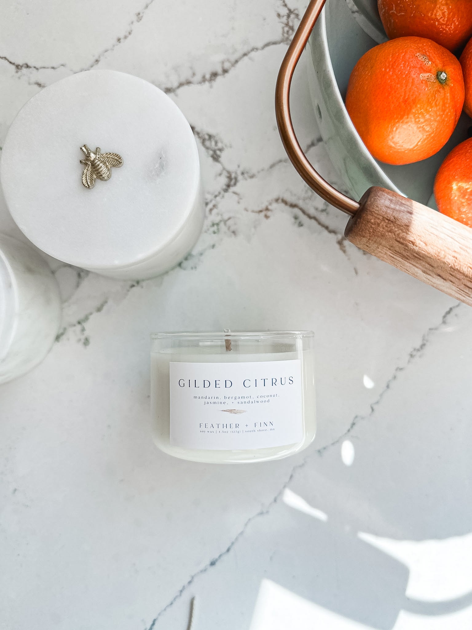 Gilded Citrus Candle | Soft Bergamot & Creamy Floral Glow | Feather + Finn